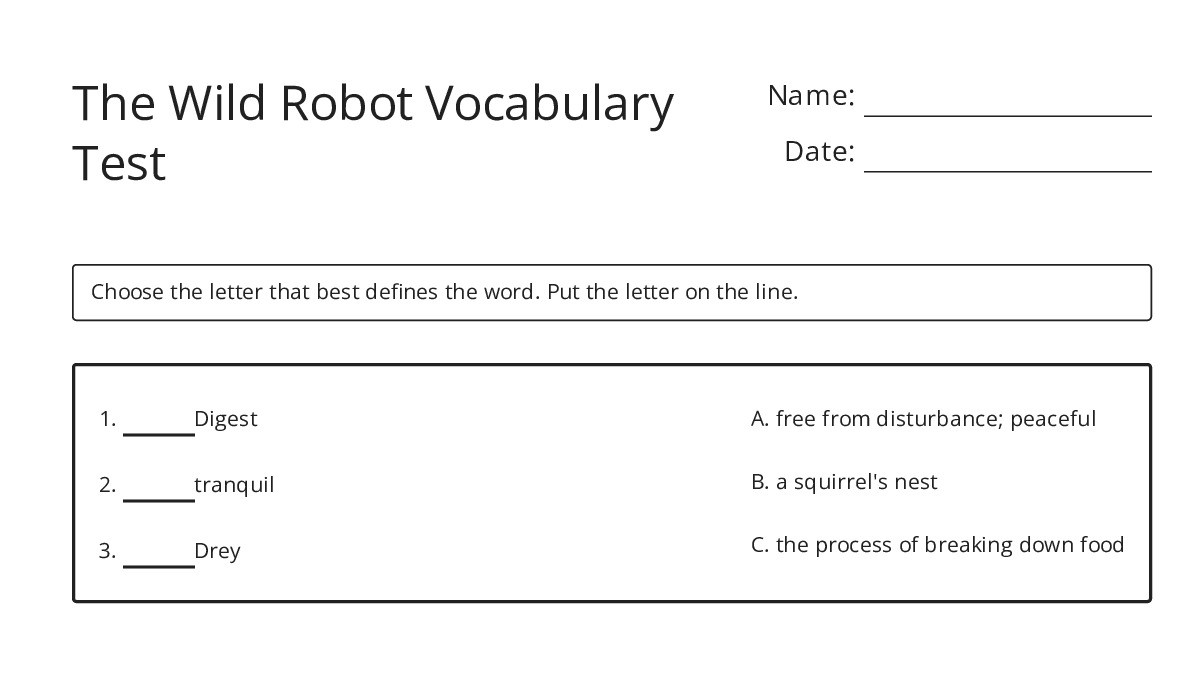 The Wild Robot Vocabulary Test - My Worksheet Maker: Create Your Own ...