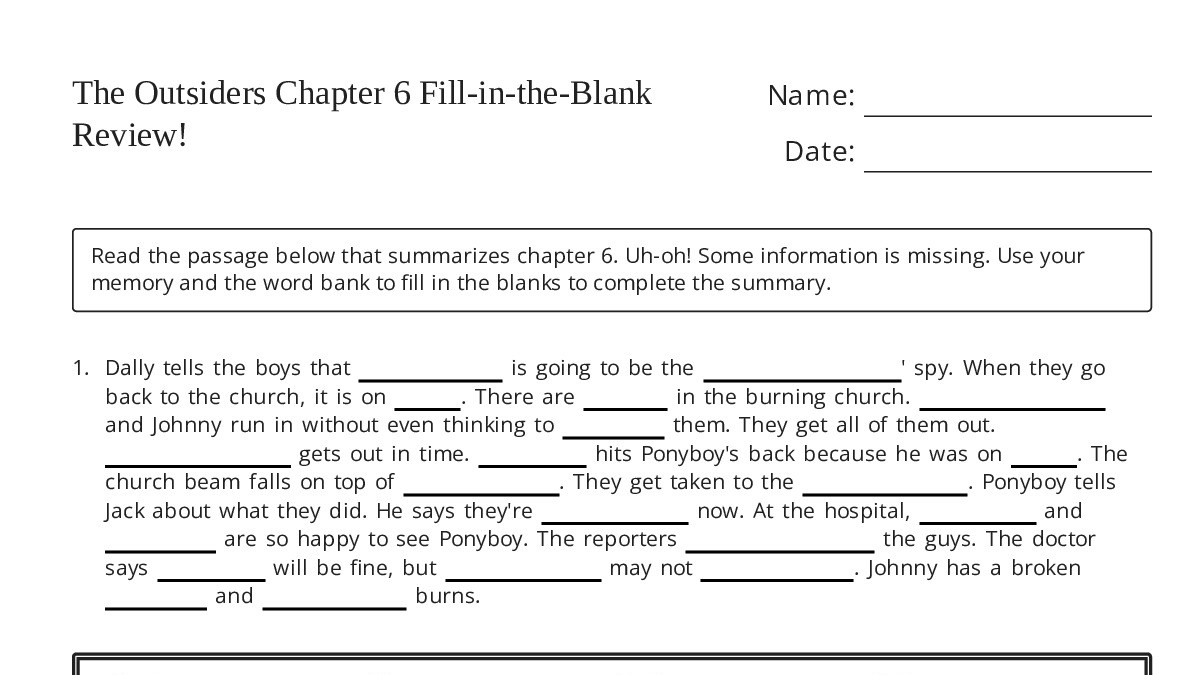 The Outsiders Chapter 6 Fill-in-the-Blank Review! - My Worksheet Maker ...