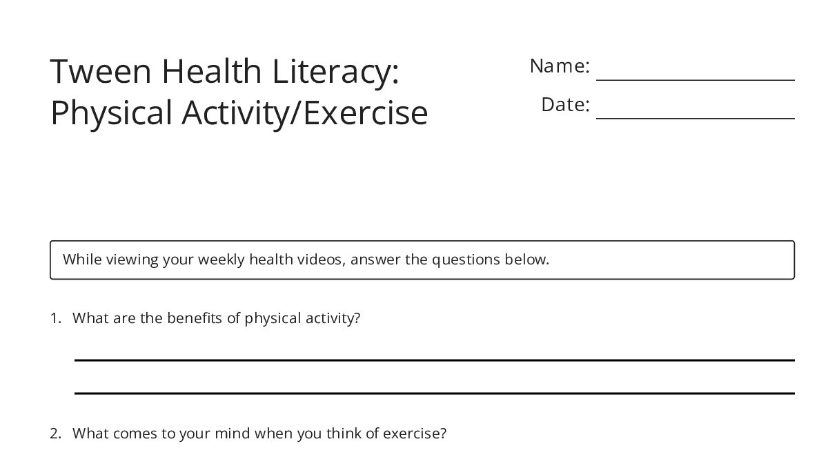 Tween Health Literacy: Physical Activity/Exercise - My Worksheet Maker ...