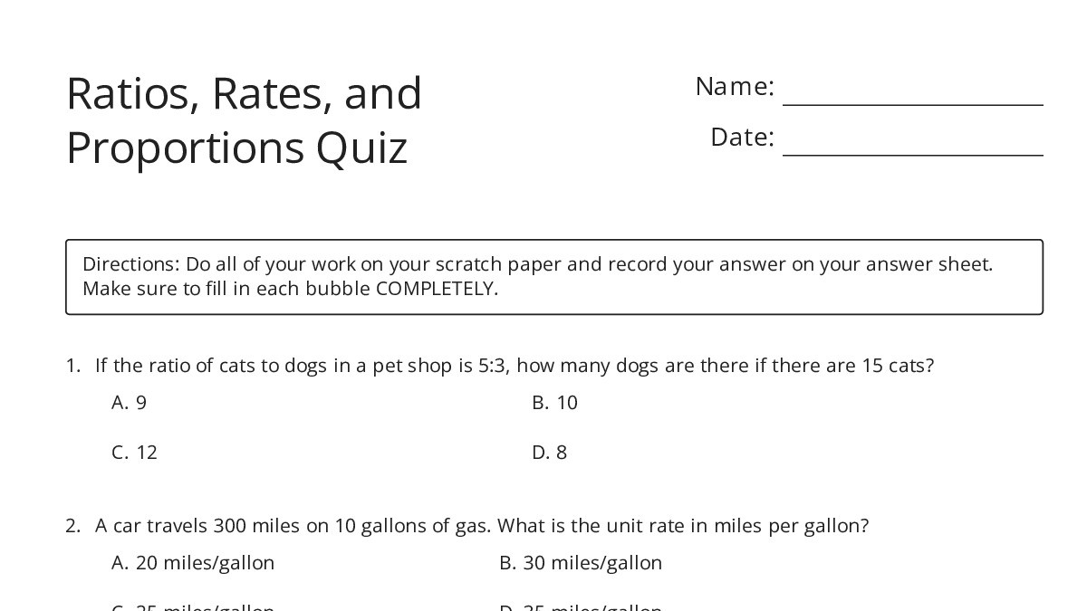 Ratios, Rates, and Proportions Quiz - My Worksheet Maker: Create Your ...