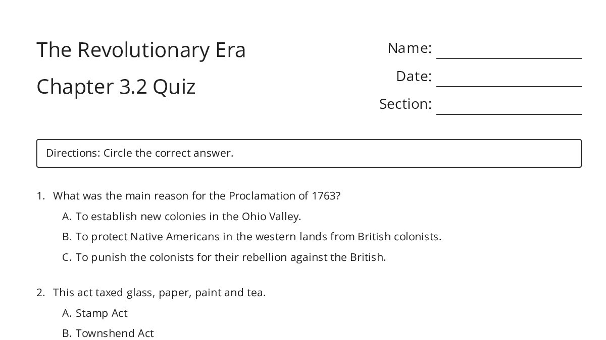 The Revolutionary Era Chapter 3.2 Quiz - My Worksheet Maker: Create ...