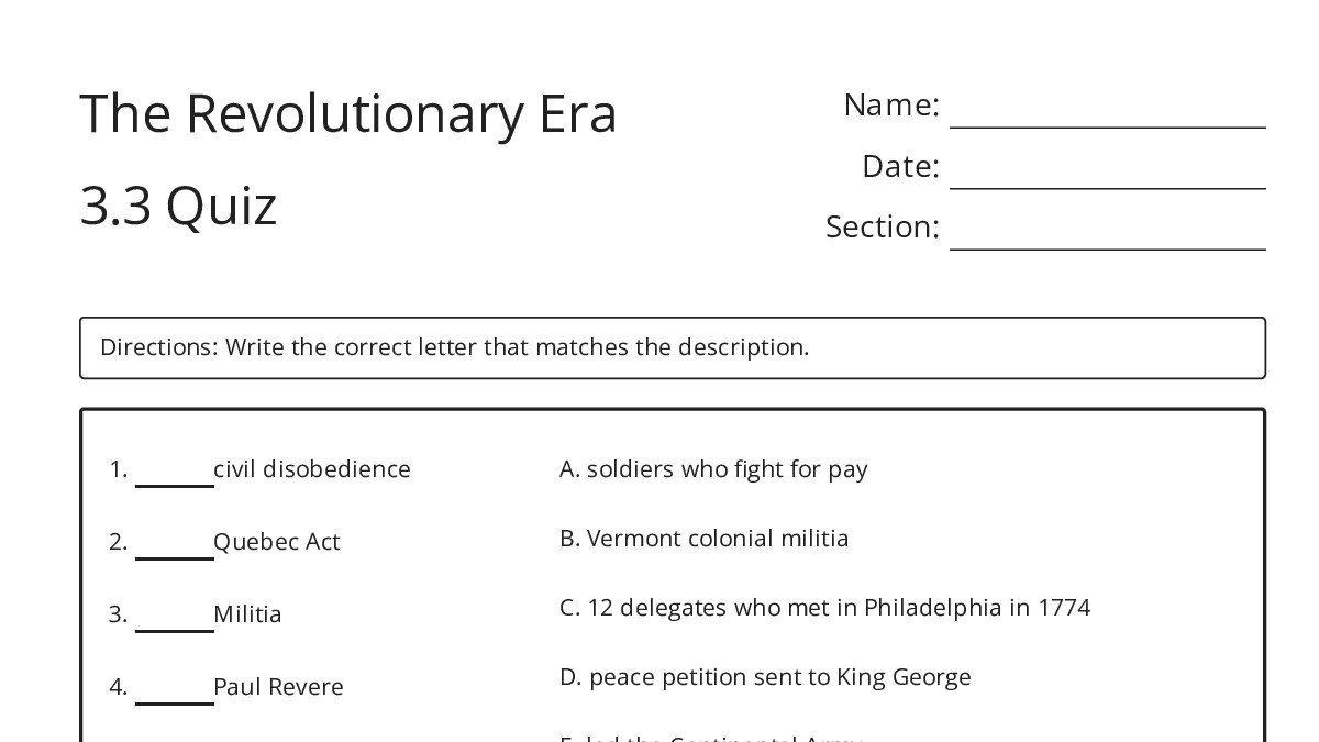 The Revolutionary Era 3.3 Quiz - My Worksheet Maker: Create Your Own ...