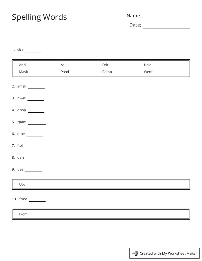 Spelling Words - My Worksheet Maker: Create Your Own Worksheets