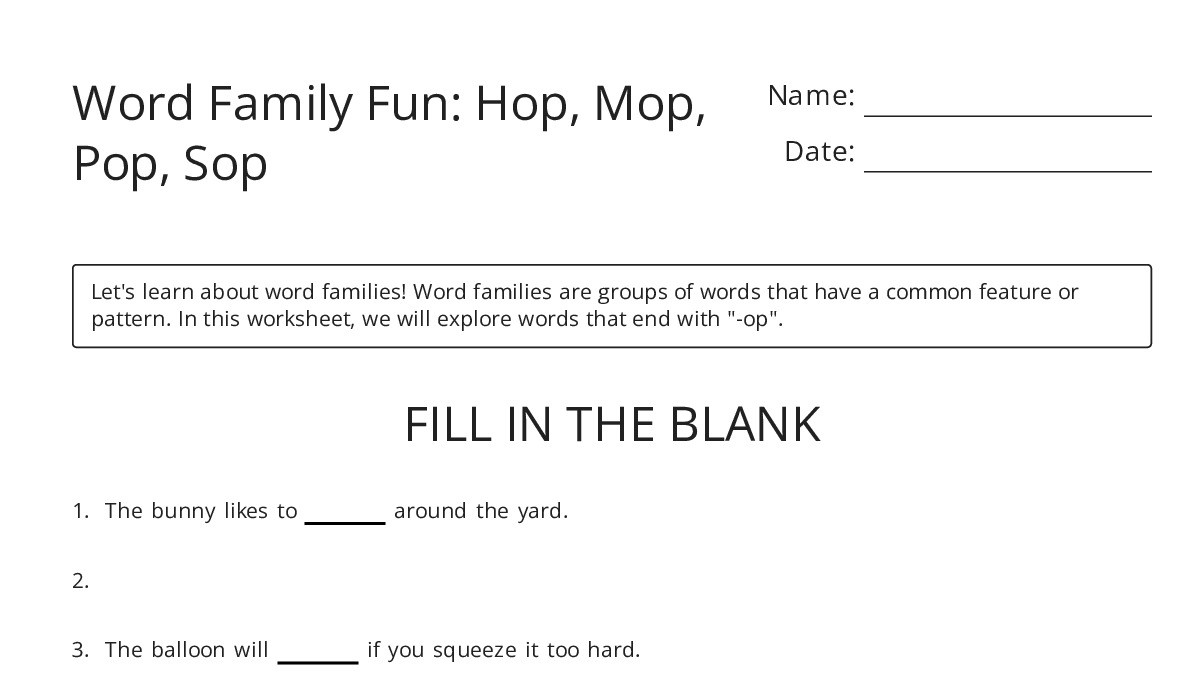 Word Family Fun: Hop, Mop, Pop, Sop - My Worksheet Maker: Create Your ...