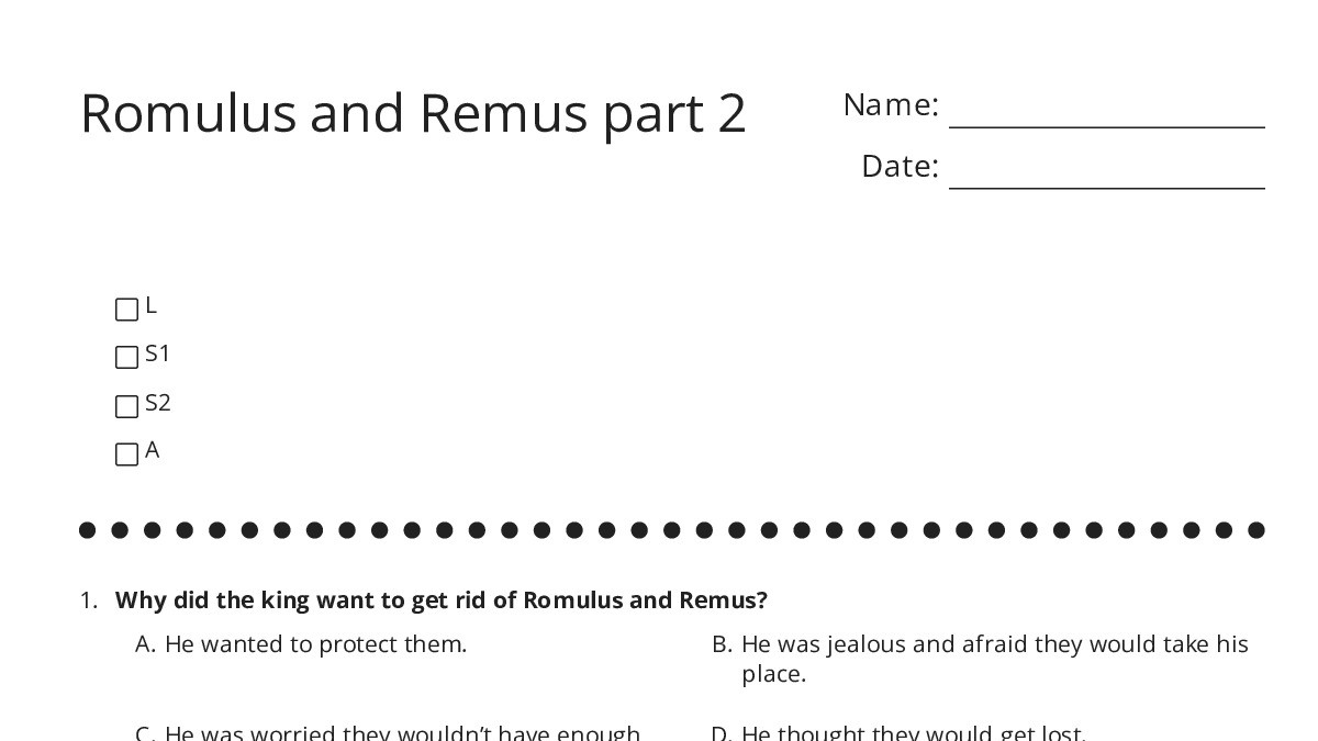 Romulus and Remus part 2 - My Worksheet Maker: Create Your Own Worksheets