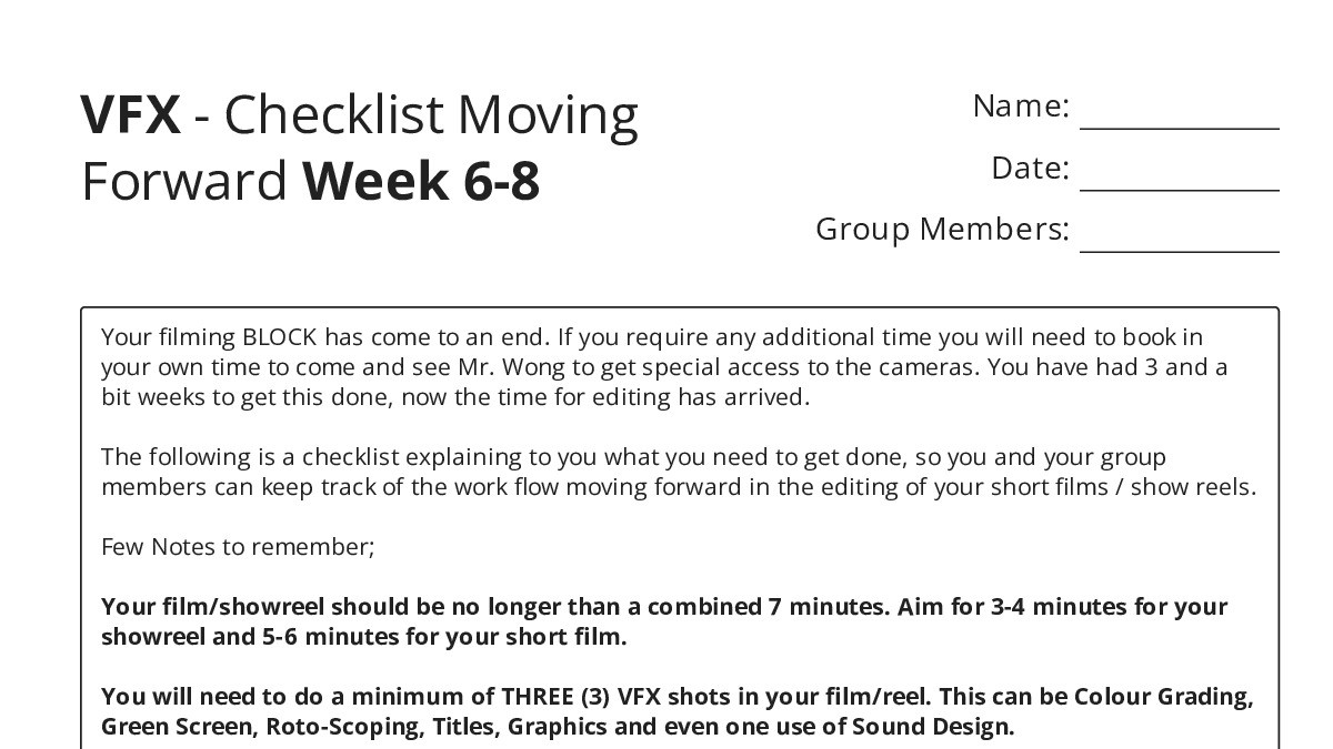 VFX - Checklist Moving Forward Week 6-8 - My Worksheet Maker: Create ...
