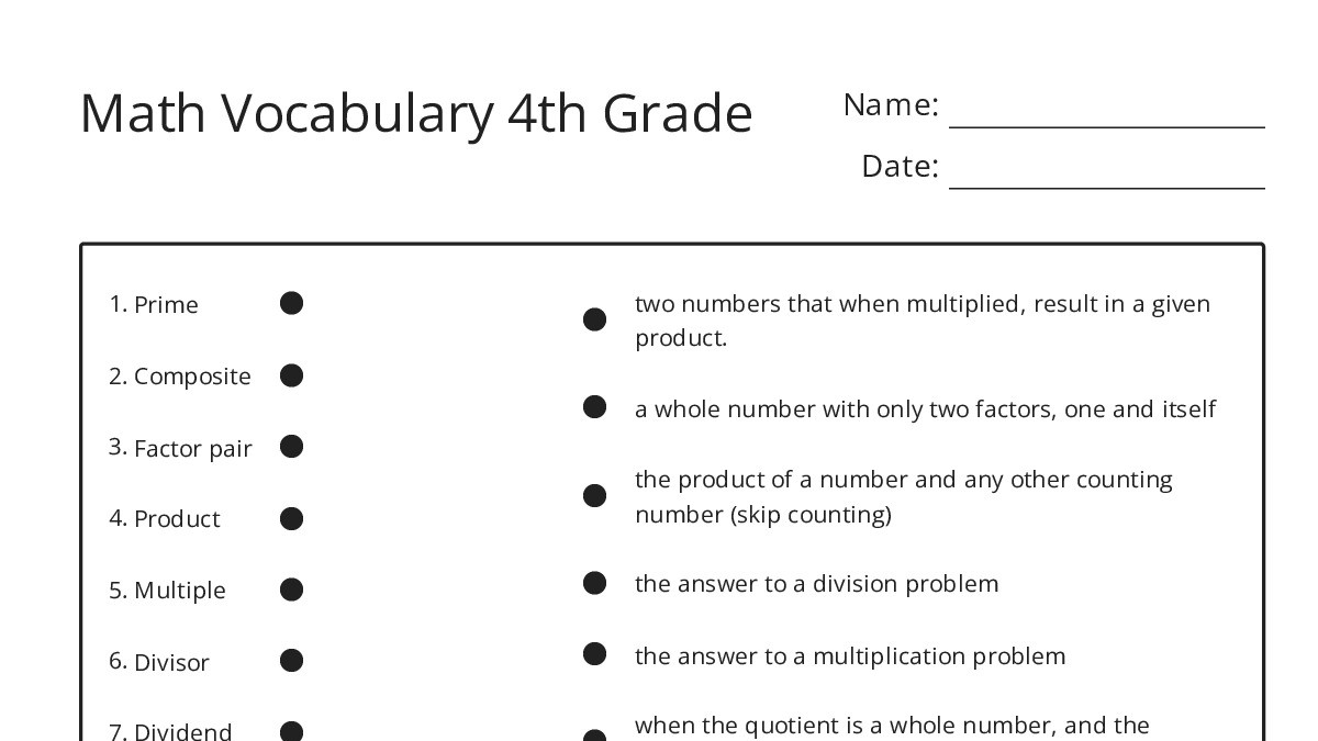 Math Vocabulary 4th Grade - My Worksheet Maker: Create Your Own Worksheets