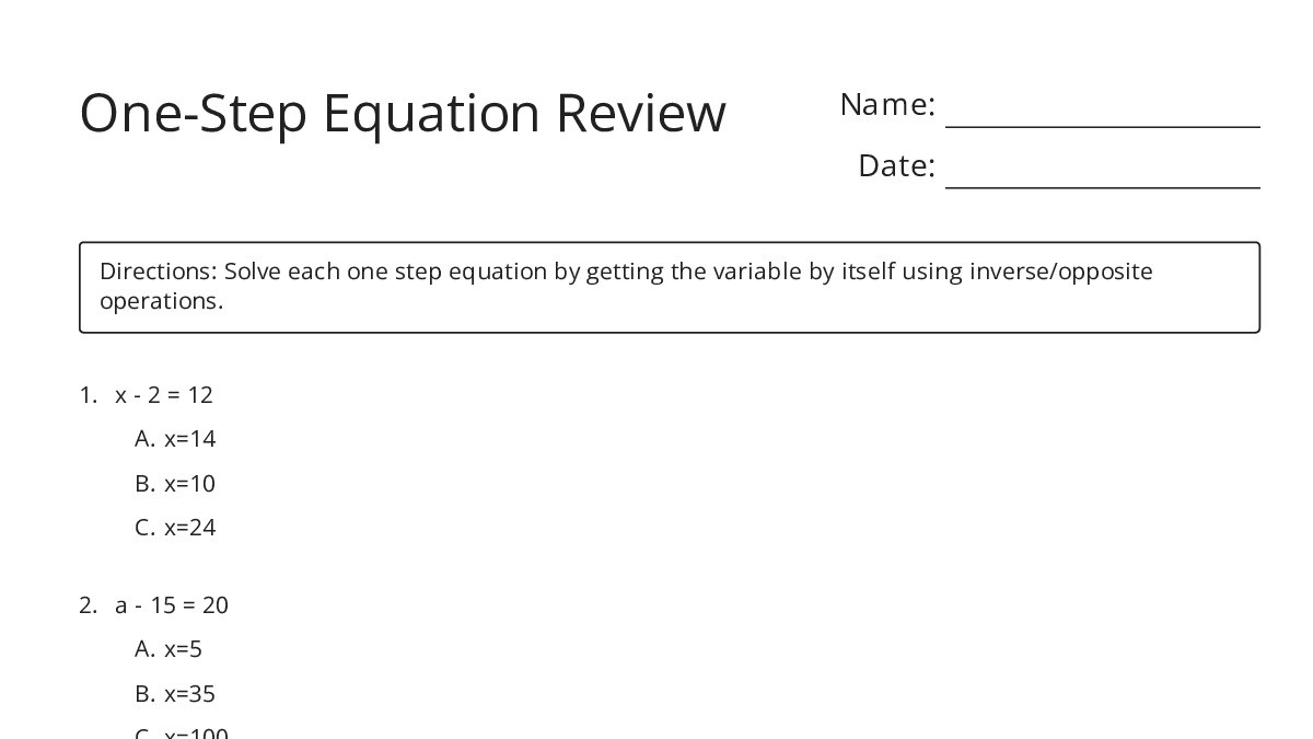 One-Step Equation Review - My Worksheet Maker: Create Your Own Worksheets