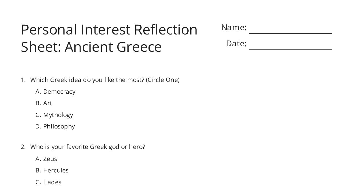 Personal Interest Reflection Sheet: Ancient Greece - My Worksheet Maker ...