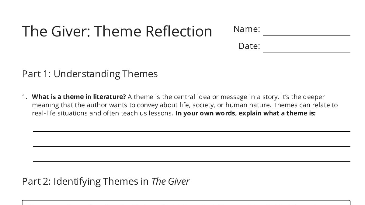 The Giver: Theme Reflection - My Worksheet Maker: Create Your Own ...