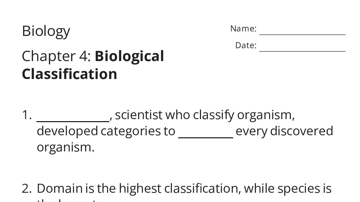 Biology Chapter 4: Biological Classification - My Worksheet Maker ...