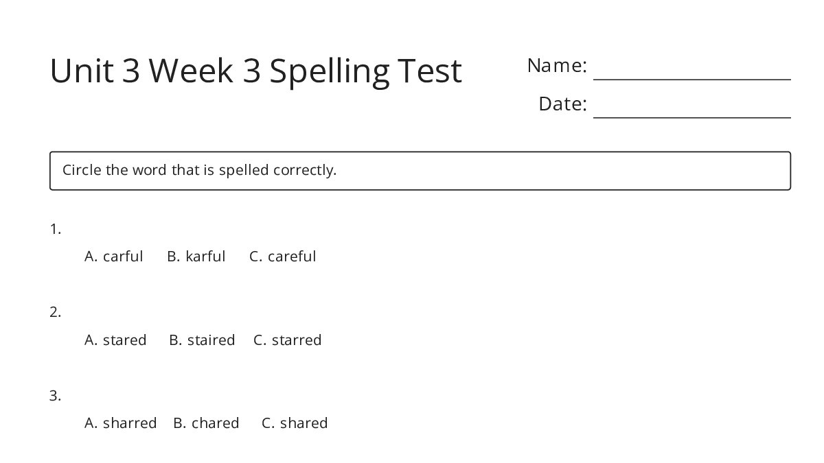 Unit 3 Week 3 Spelling Test - My Worksheet Maker: Create Your Own ...