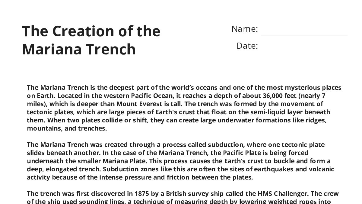 The Creation of the Mariana Trench - My Worksheet Maker: Create Your ...