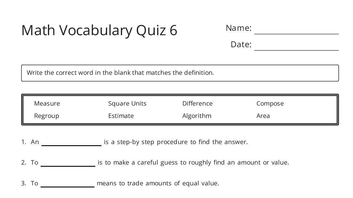 Math Vocabulary Quiz 6 - My Worksheet Maker: Create Your Own Worksheets