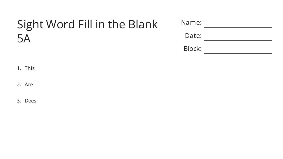 Sight Word Fill in the Blank 5A - My Worksheet Maker: Create Your Own ...