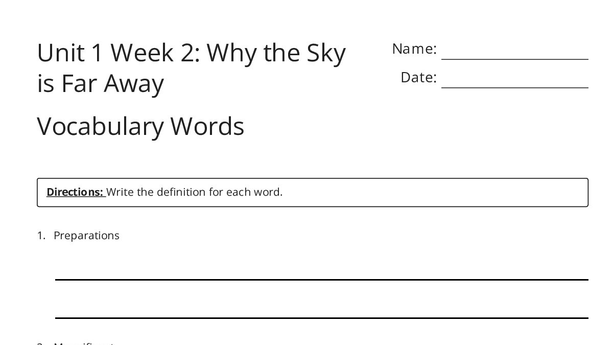 Unit 1 Week 2: Why the Sky is Far Away Vocabulary Words - My Worksheet ...