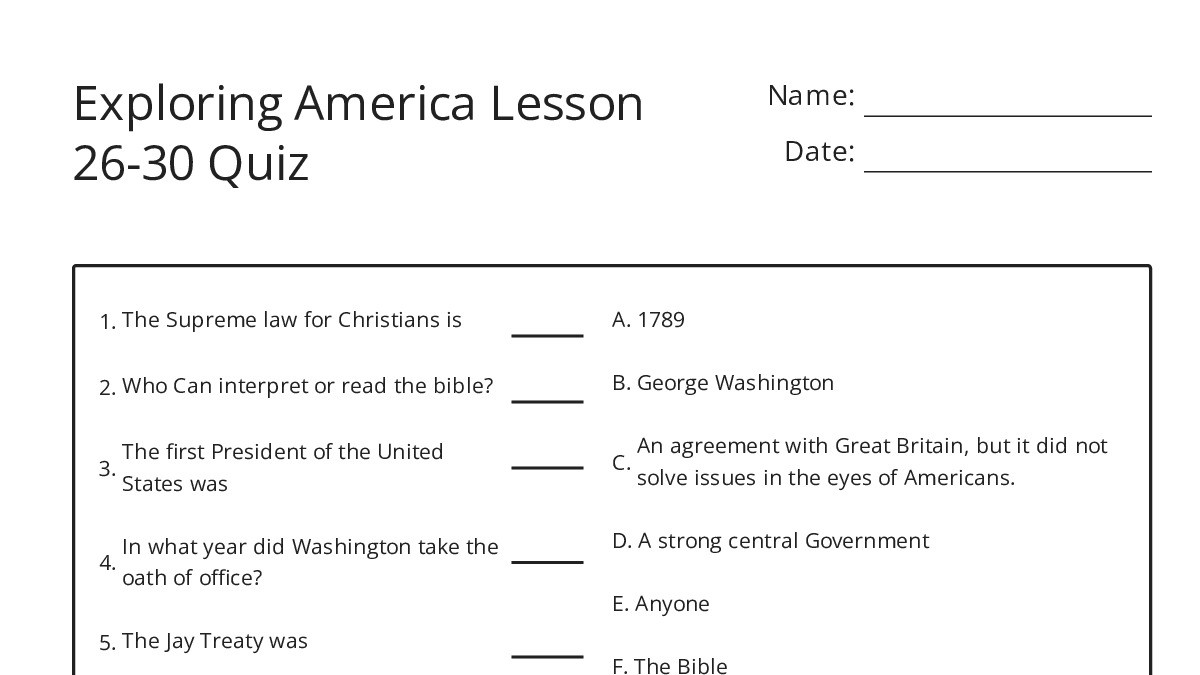 Exploring America Lesson 26-30 Quiz - My Worksheet Maker: Create Your ...