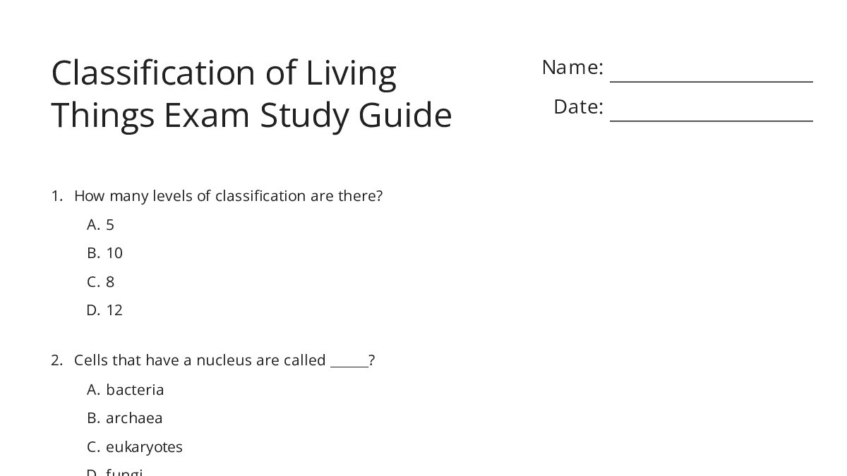 Classification of Living Things Exam Study Guide - My Worksheet Maker ...