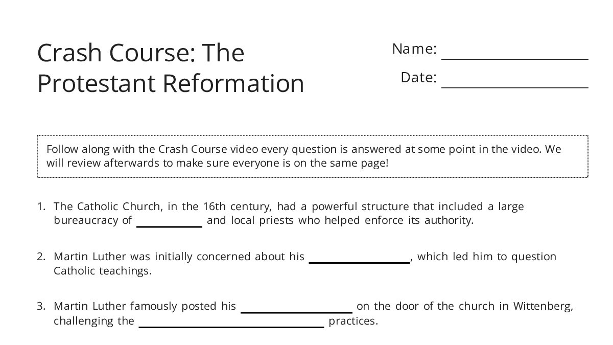 Crash Course: The Protestant Reformation - My Worksheet Maker: Create ...