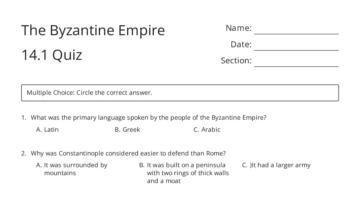 The Byzantine Empire 14.1 Quiz - My Worksheet Maker: Create Your Own ...