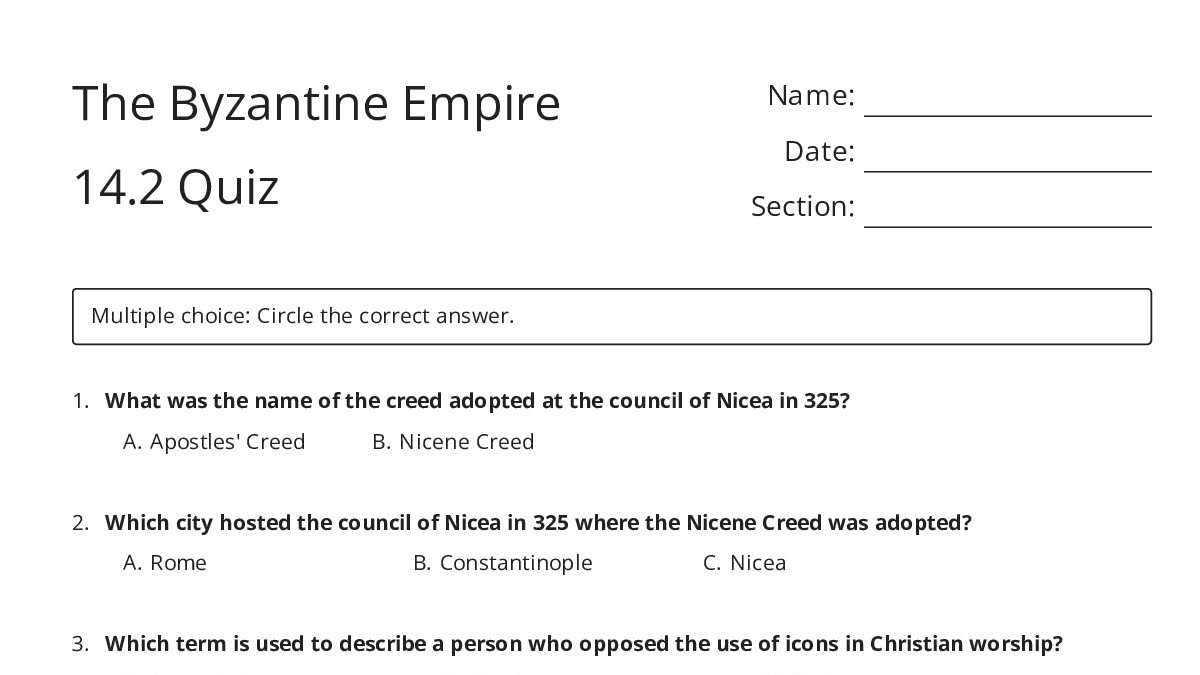 The Byzantine Empire 14.2 Quiz - My Worksheet Maker: Create Your Own ...