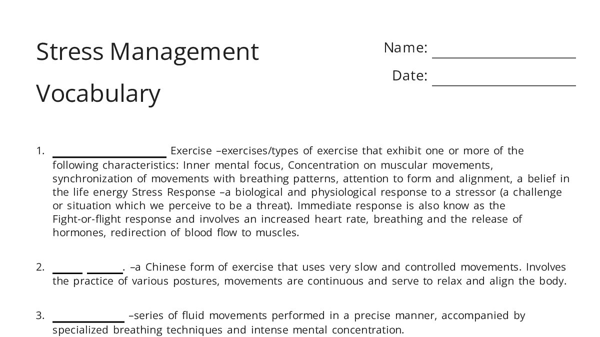 Stress Management Vocabulary - My Worksheet Maker: Create Your Own ...