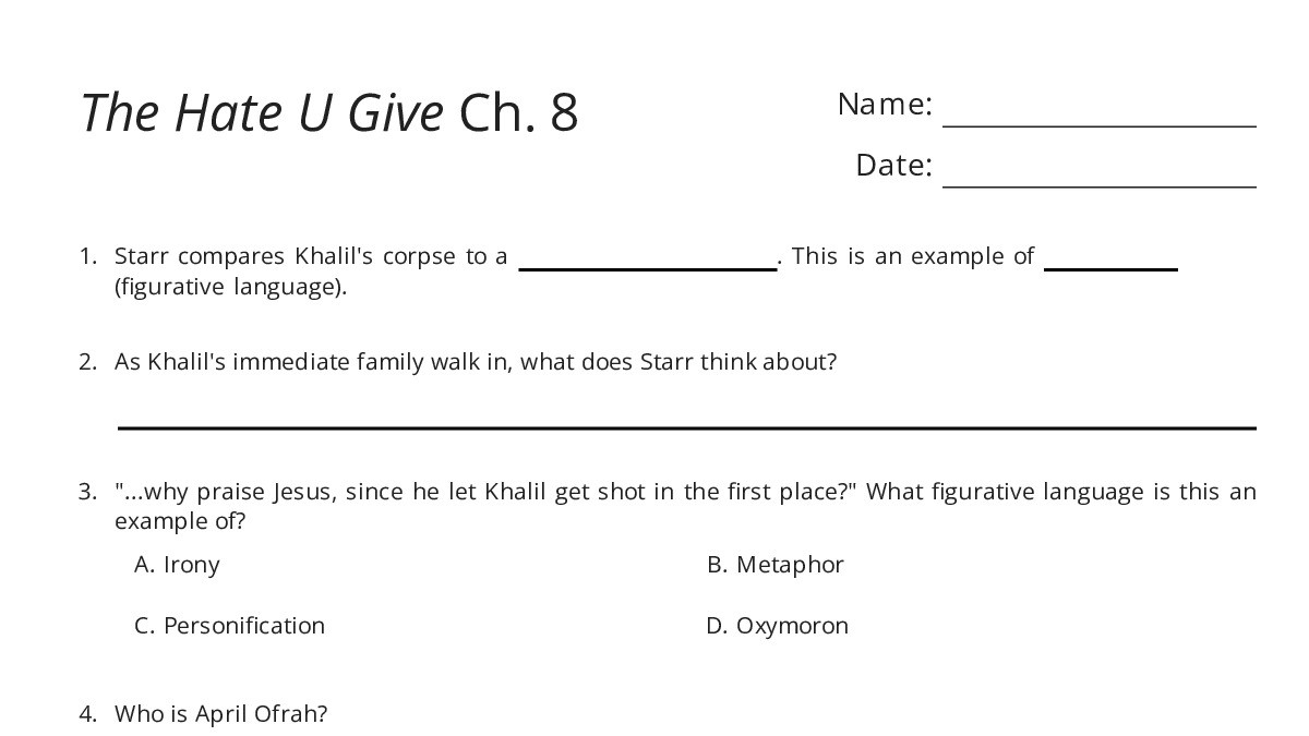 The Hate U Give Ch. 8 - My Worksheet Maker: Create Your Own Worksheets