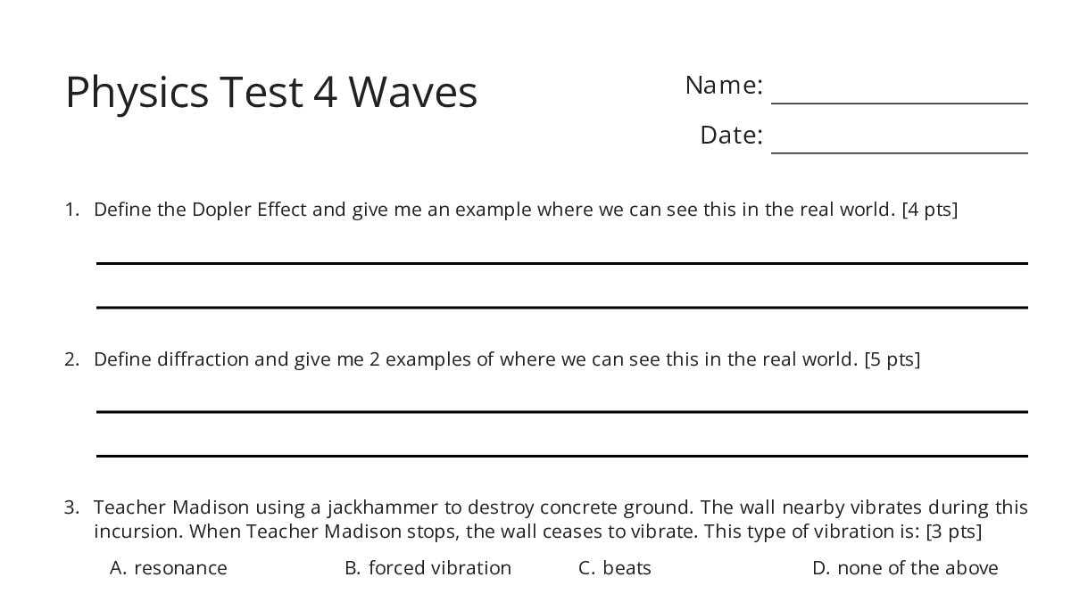 Physics Test 4 Waves - My Worksheet Maker: Create Your Own Worksheets