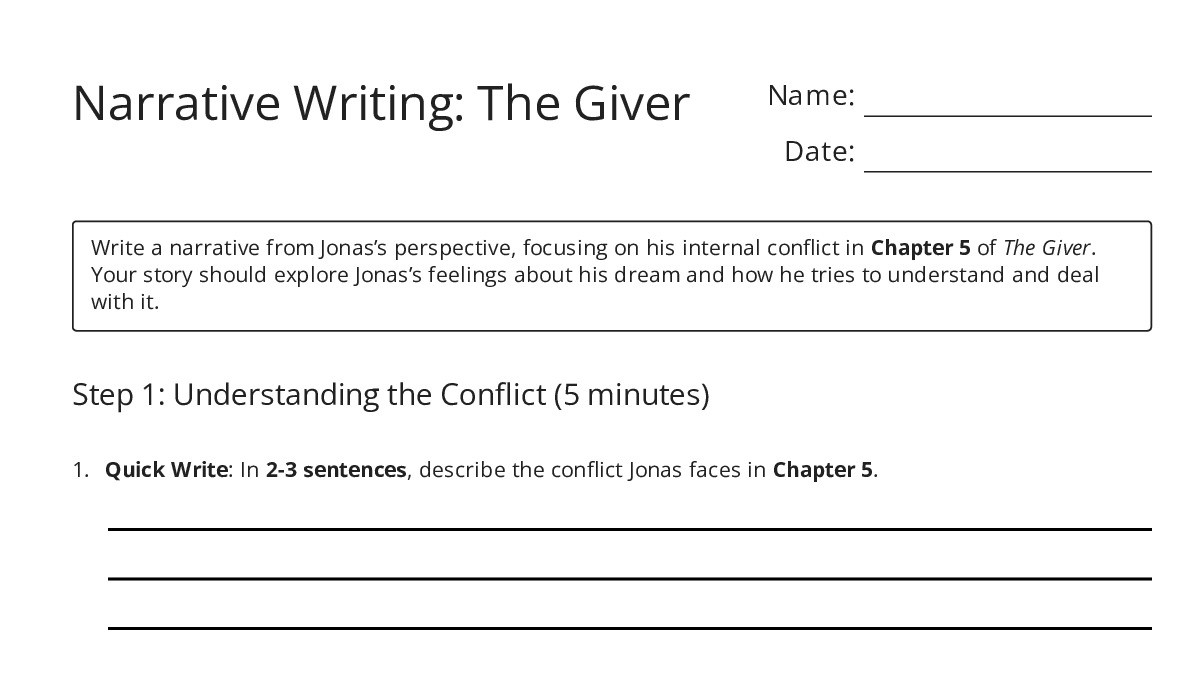 Narrative Writing: The Giver - My Worksheet Maker: Create Your Own ...