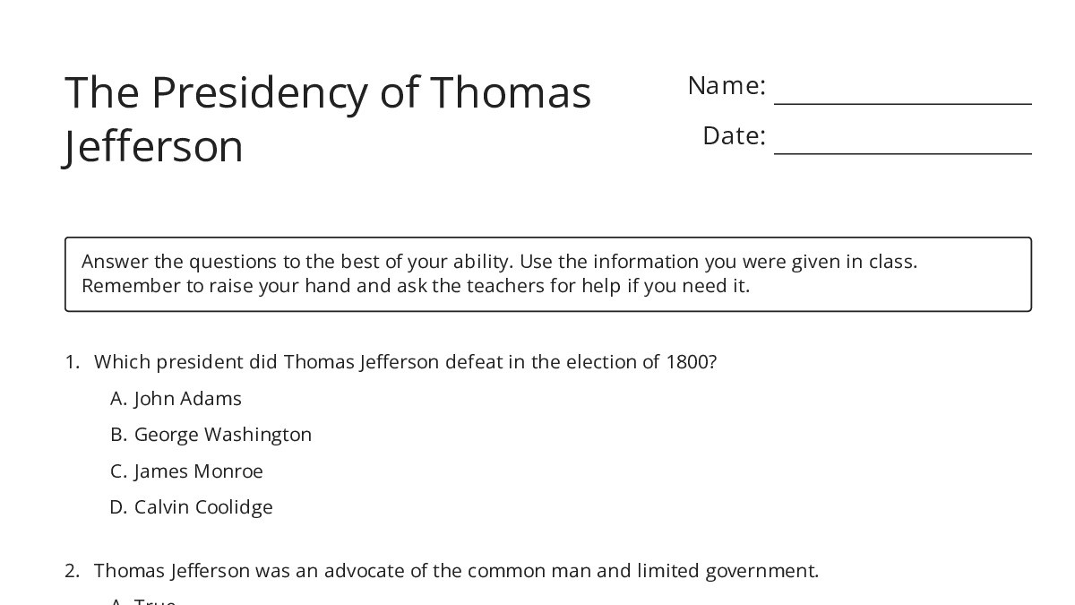 The Presidency of Thomas Jefferson - My Worksheet Maker: Create Your ...