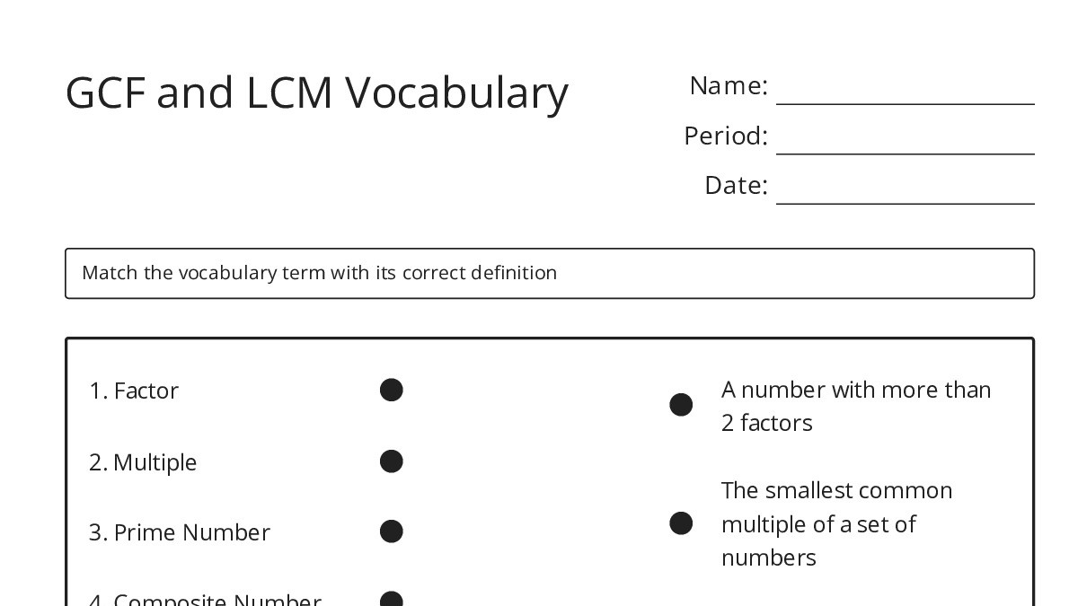 GCF and LCM Vocabulary - My Worksheet Maker: Create Your Own Worksheets