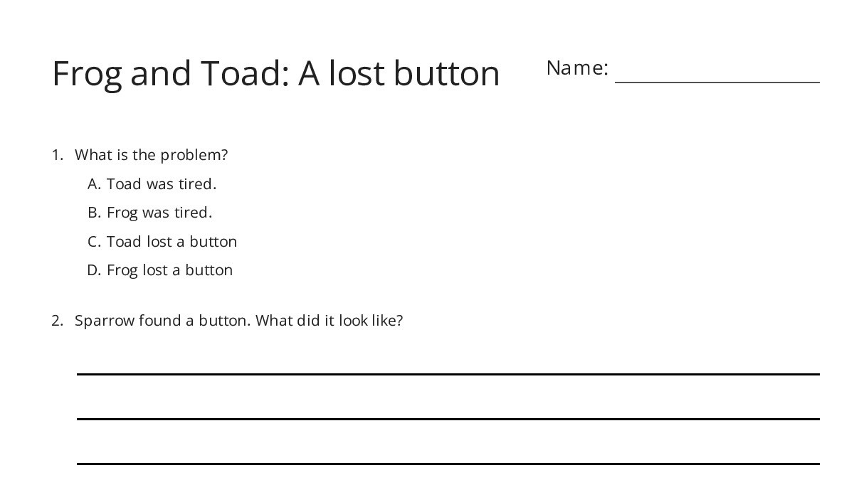 Frog and Toad: A lost button - My Worksheet Maker: Create Your Own ...
