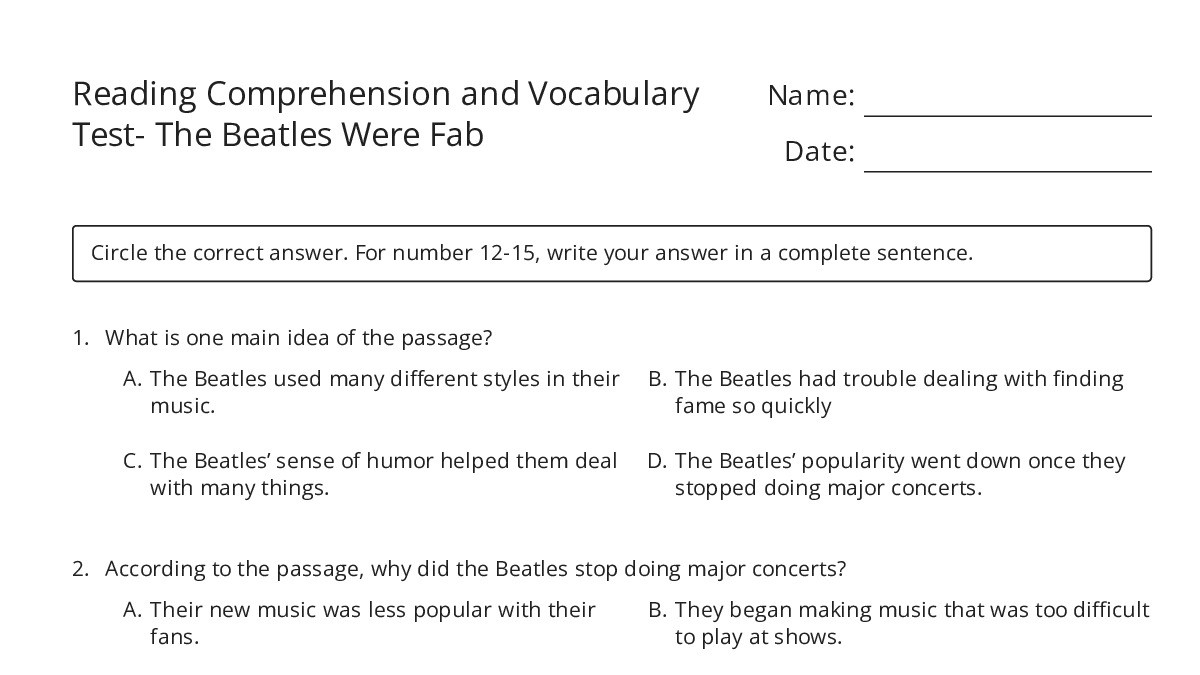 Reading Comprehension and Vocabulary Test- The Beatles Were Fab - My ...