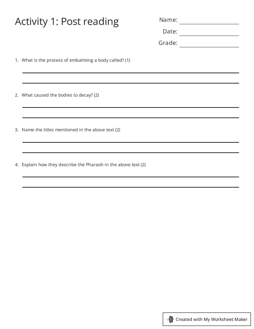 Activity 1: Post reading - My Worksheet Maker: Create Your Own Worksheets