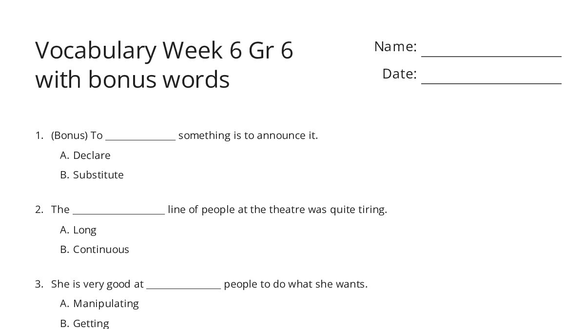 Vocabulary Week 6 Gr 6 with bonus words - My Worksheet Maker: Create ...