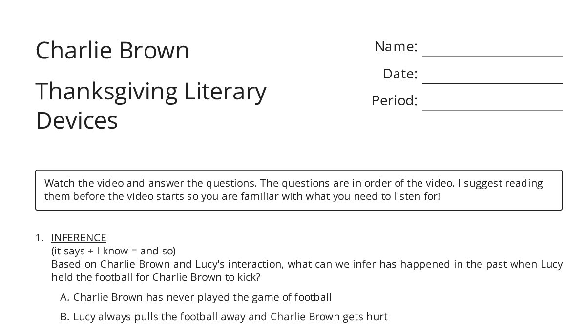 Charlie Brown Thanksgiving Literary Devices - My Worksheet Maker ...