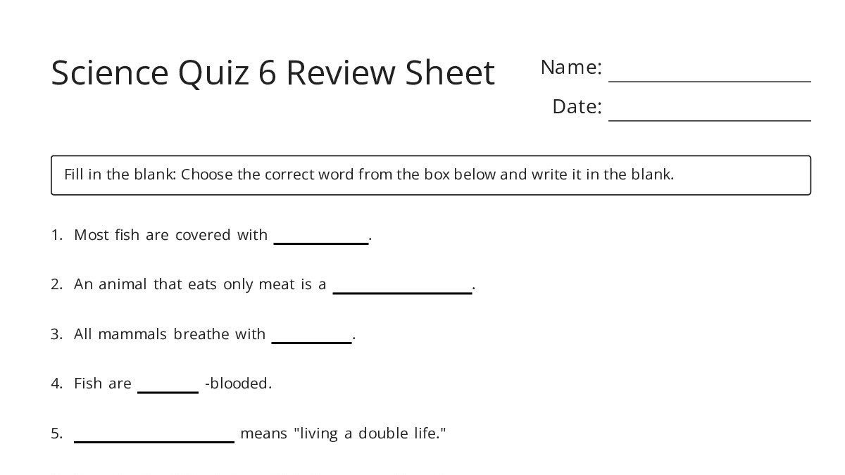 Science Quiz 6 Review Sheet - My Worksheet Maker: Create Your Own ...