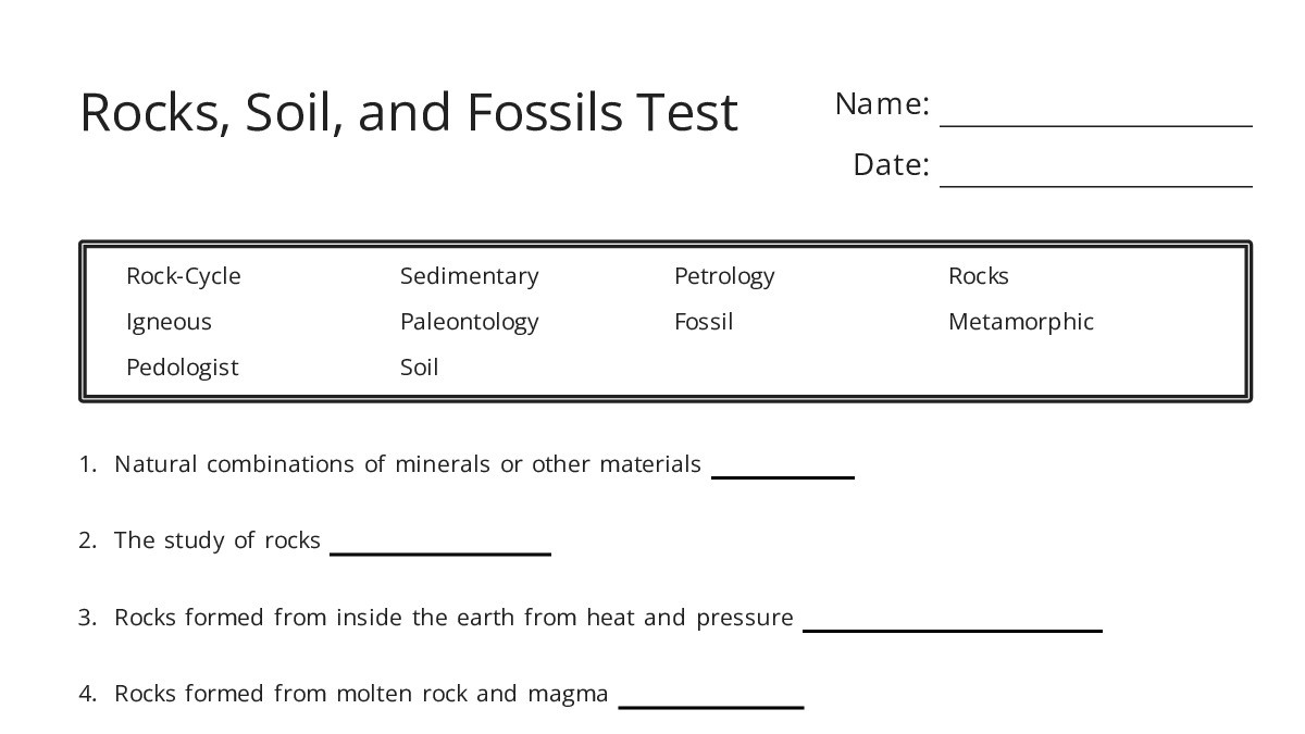 Rocks, Soil, and Fossils Test - My Worksheet Maker: Create Your Own ...