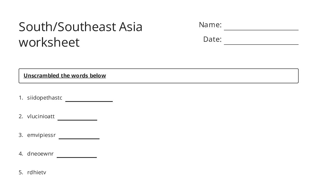 South/Southeast Asia worksheet - My Worksheet Maker: Create Your Own ...