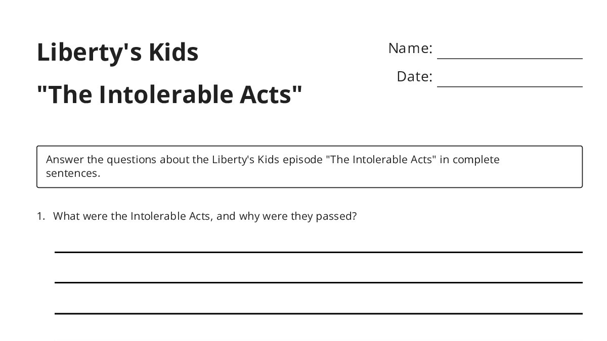 Liberty's Kids "The Intolerable Acts" - My Worksheet Maker: Create Your ...