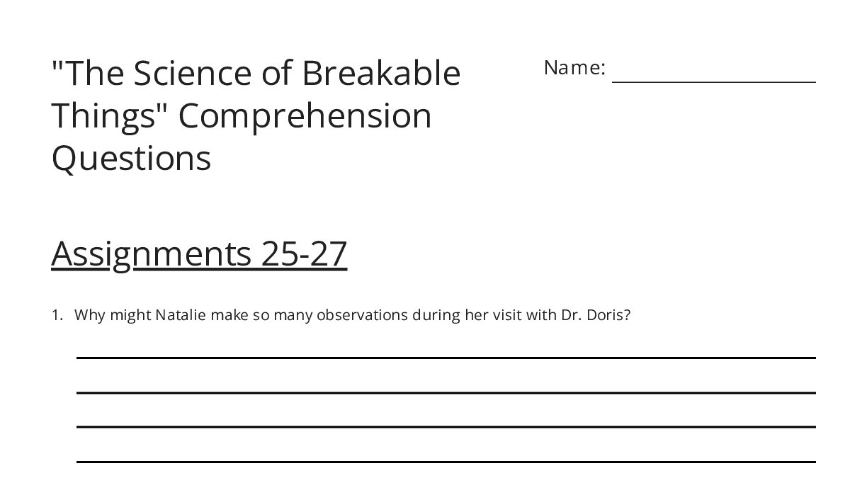 "The Science of Breakable Things" Comprehension Questions - My ...