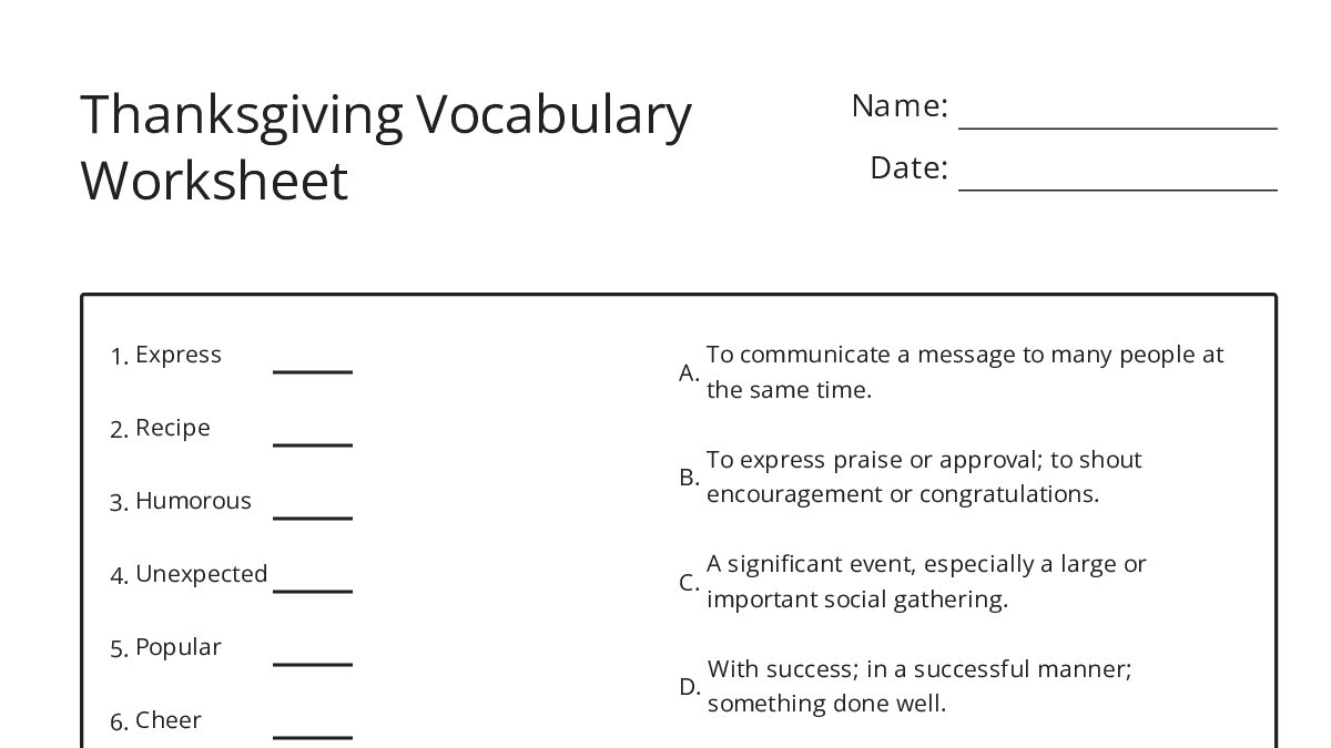 Thanksgiving Vocabulary Worksheet - My Worksheet Maker: Create Your Own ...