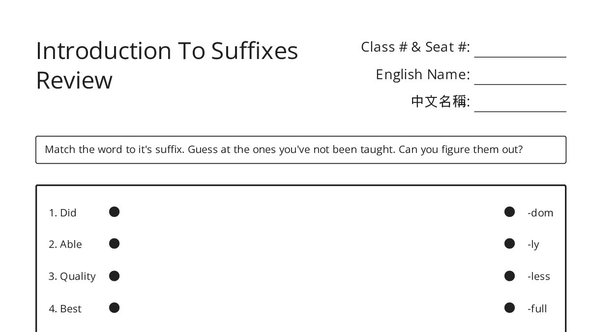 Introduction To Suffixes Review - My Worksheet Maker: Create Your Own ...