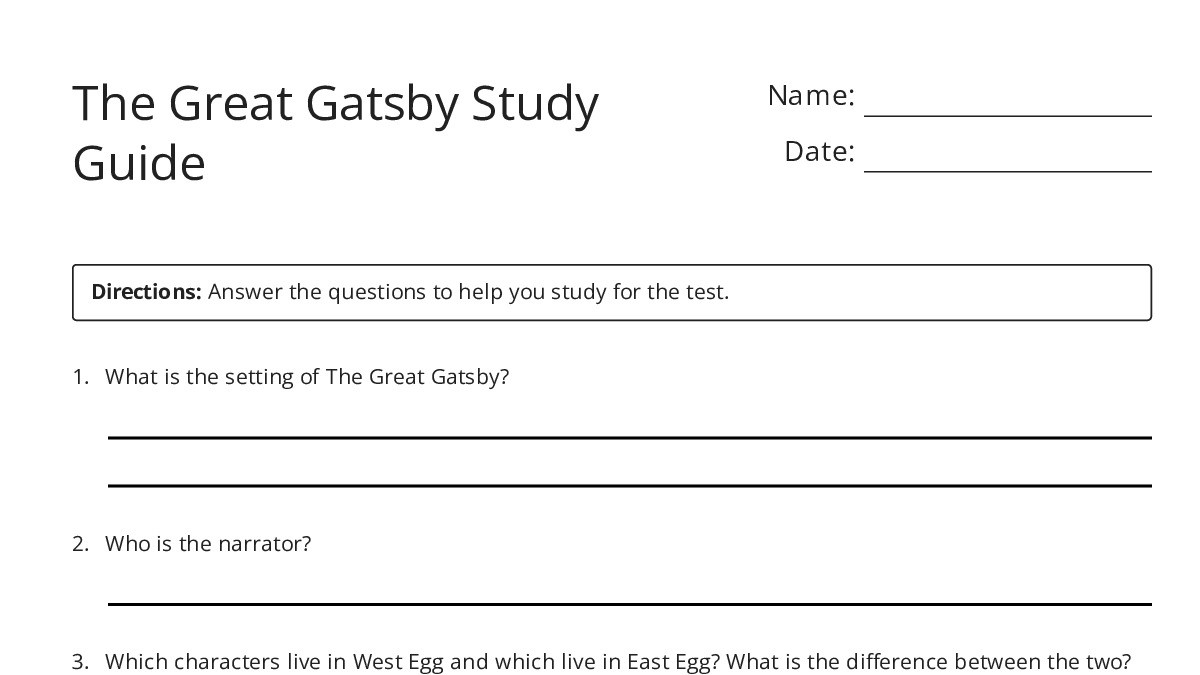 The Great Gatsby Study Guide - My Worksheet Maker: Create Your Own ...