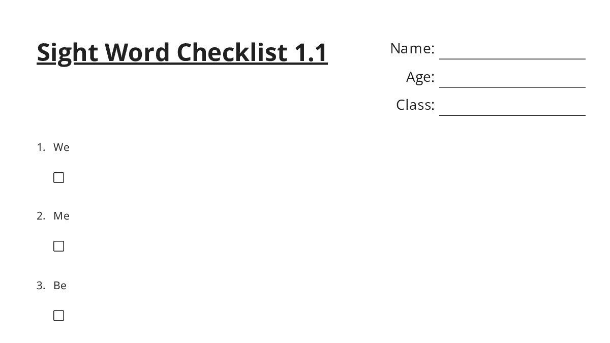 Sight Word Checklist 1.1 - My Worksheet Maker: Create Your Own Worksheets