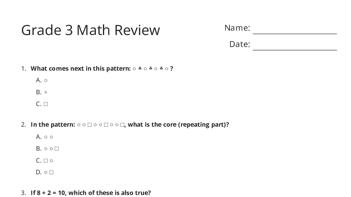 Grade 3 Math Review - My Worksheet Maker: Create Your Own Worksheets