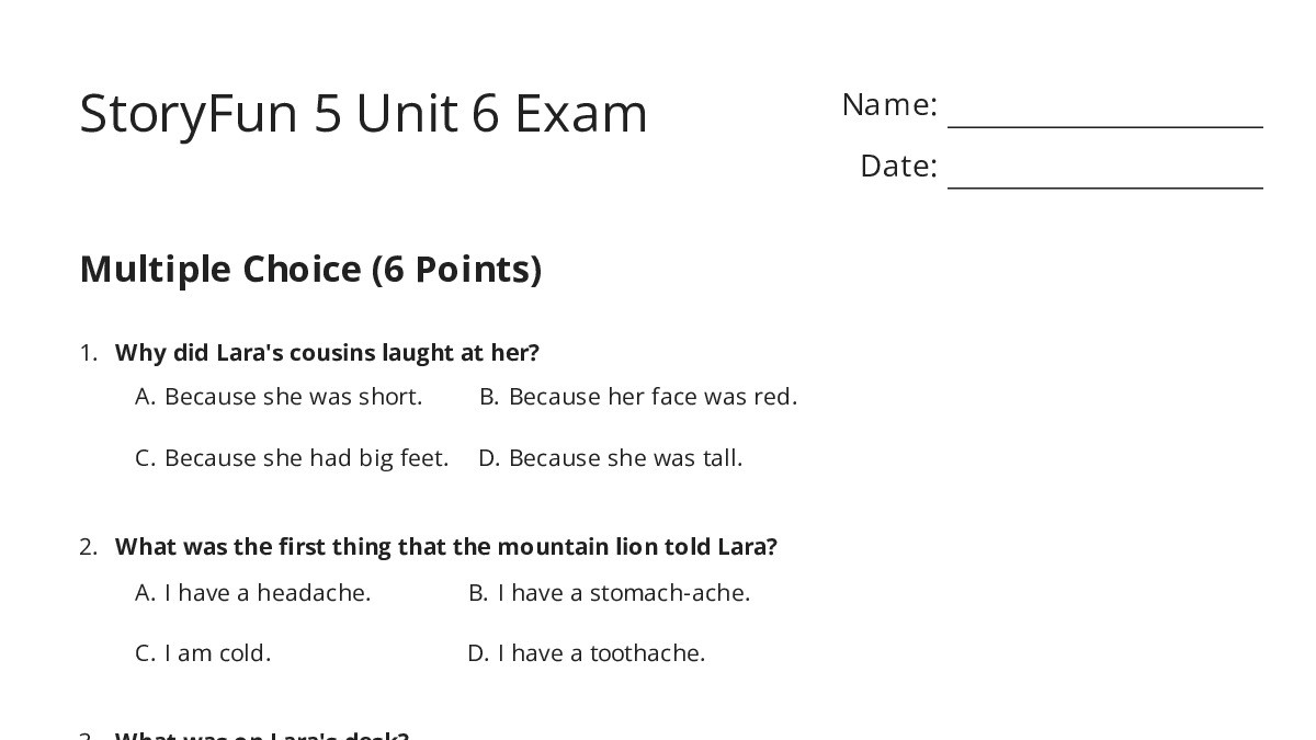 StoryFun 5 Unit 6 Exam - My Worksheet Maker: Create Your Own Worksheets