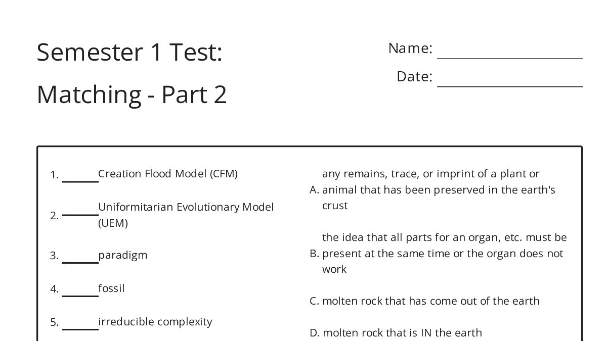 Semester 1 Test: Matching - Part 2 - My Worksheet Maker: Create Your ...