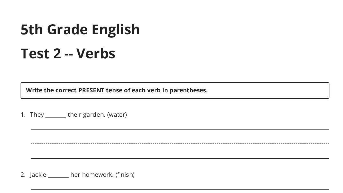 5th Grade English Test 2 -- Verbs - My Worksheet Maker: Create Your Own ...