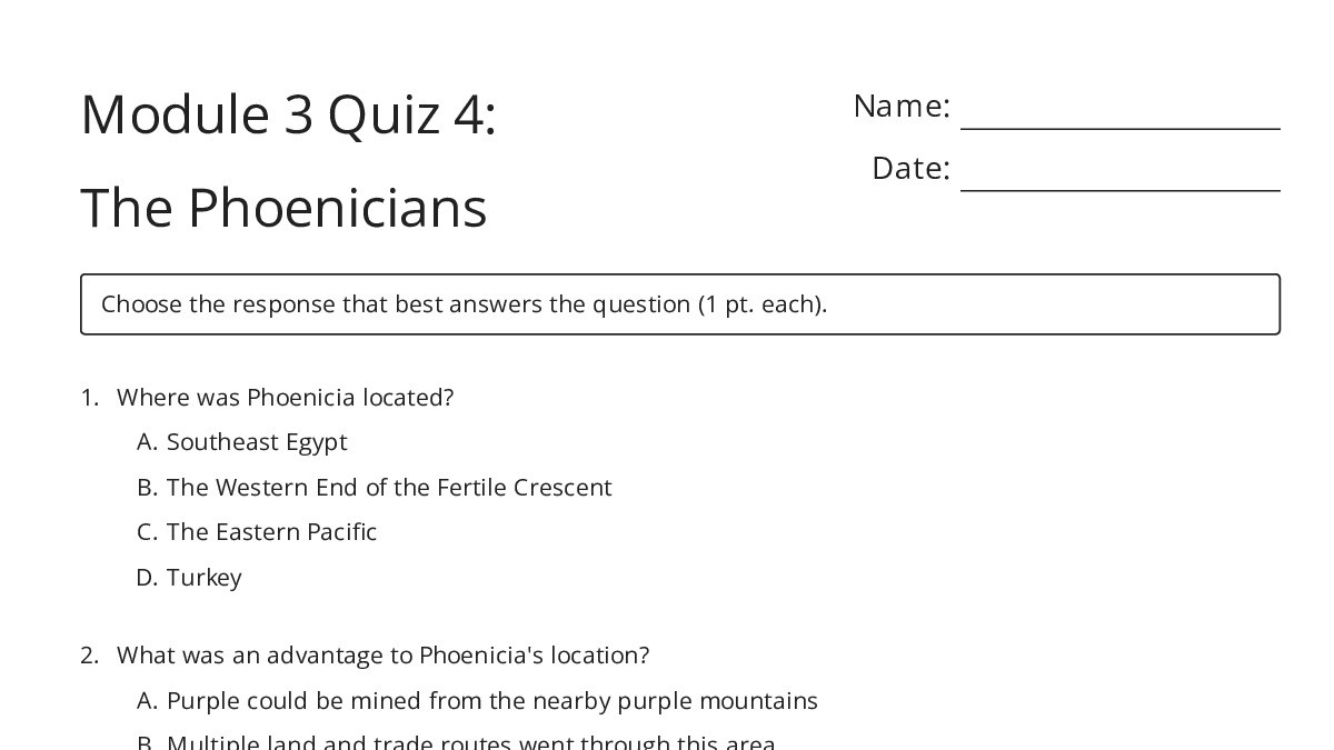 Module 3 Quiz 4: The Phoenicians - My Worksheet Maker: Create Your Own ...